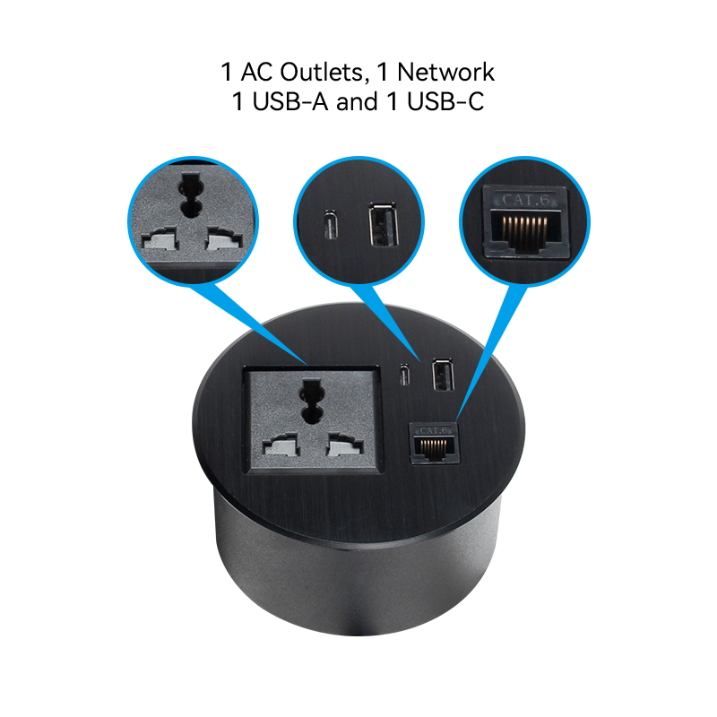 Black Alloy Universal Power Grommet with Type C Charging USB Socket LAN ...