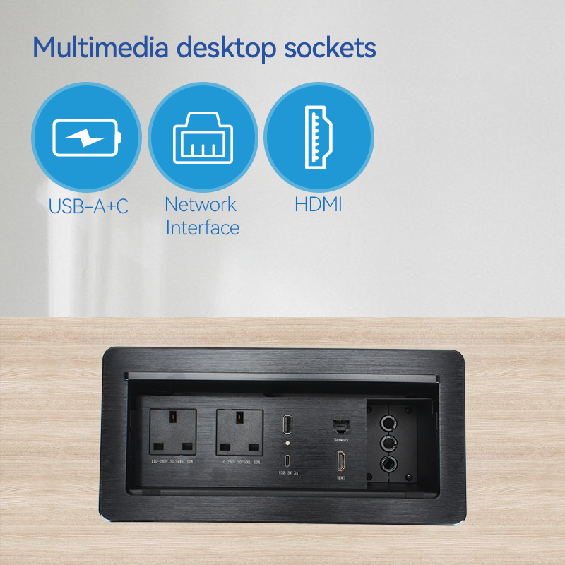 Brush Cover Desktop Socket UK flip up socket with USB A Type C,Conference Table Socket