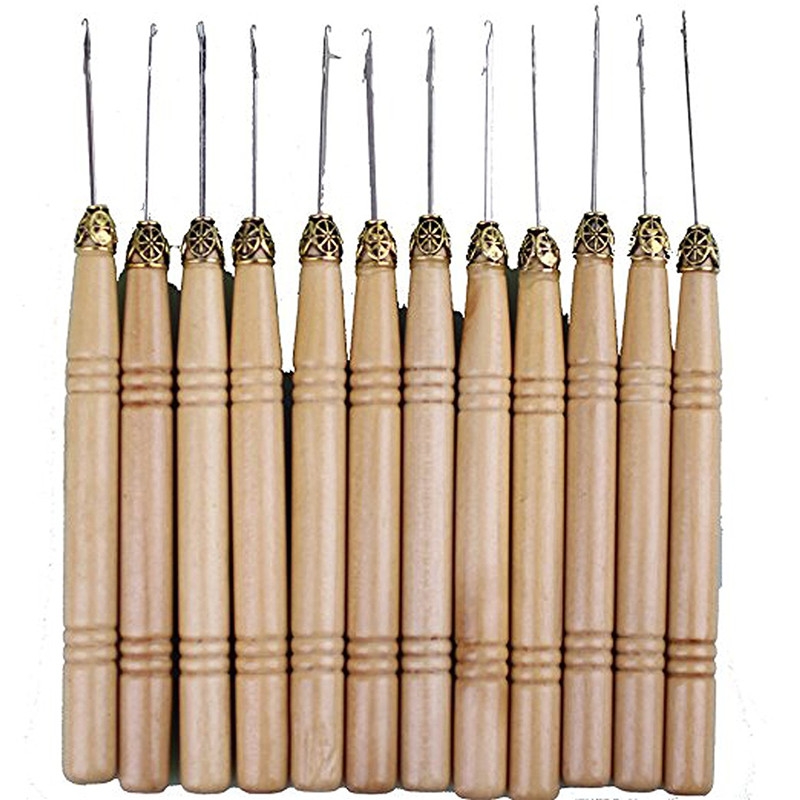 12pcs/lot Wooden Handle Latch Hook for Wig Ventilating Crochet Needles ...