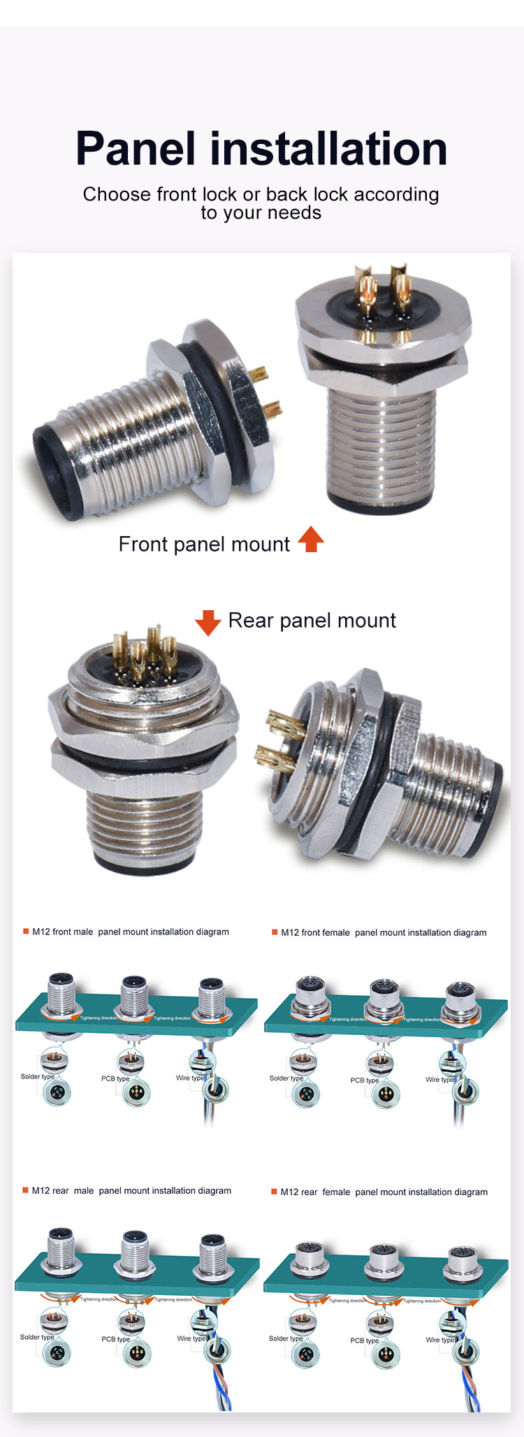 Phoenix M12 solder pcb wall panel mount Connector ip67 male to female ...