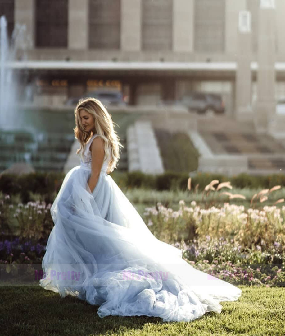 Grey Blue Long Train Tulle Long Train Skirt Bridal Gown