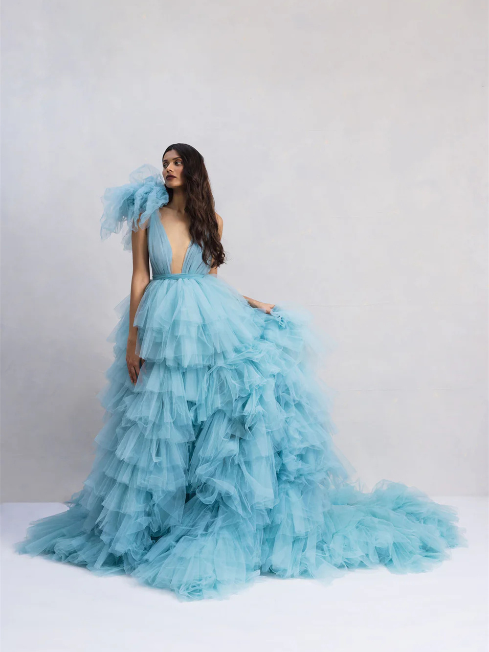Tiffany Blue Long Train Photoshoot Dress