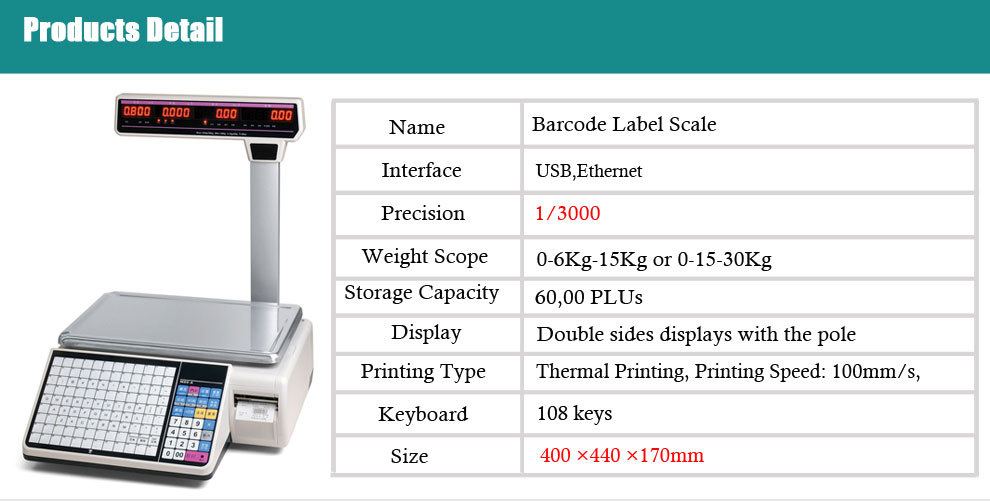 Electronic barcode scale, weighing platform scale, 3kg, 6kg, 15kg, 30kg ...