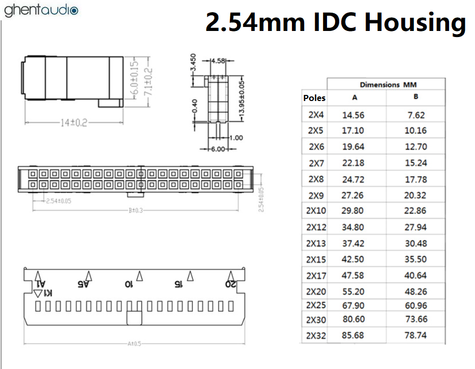 GIDC-20P: IDC 2.54mm Dual-row 2x10P Housing