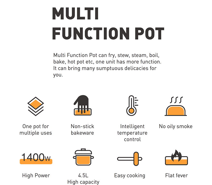 Multi-function pot 450mm 1400-1700w teflon non-stick pan 60-230°C ...