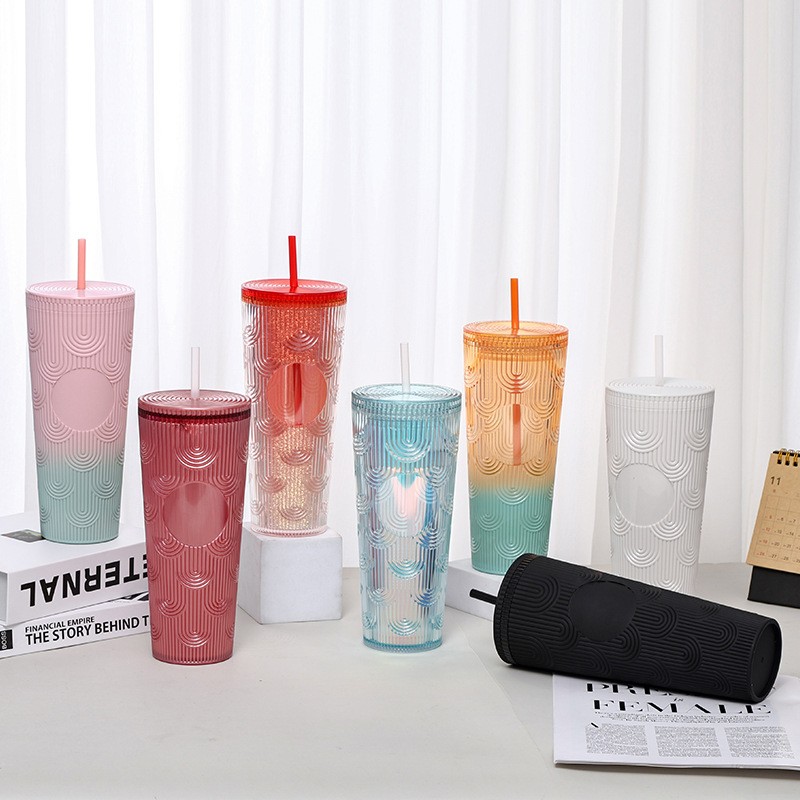 New Design 24oz Double Wall Large Capacity Drinking Cup With Plastic Straw