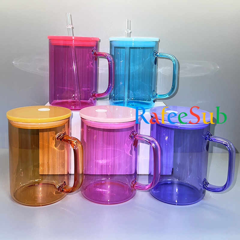 25PCS 15oz Color Clear Sublimation Blanks Glass Mug with Colorful Lids