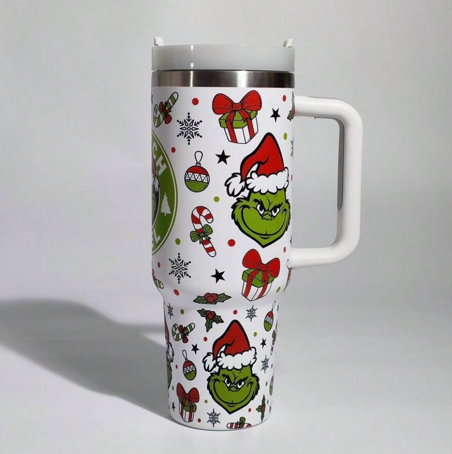40oz H2.0 Christmas Grinch Head Design Tumbler with Handle - 1PCS