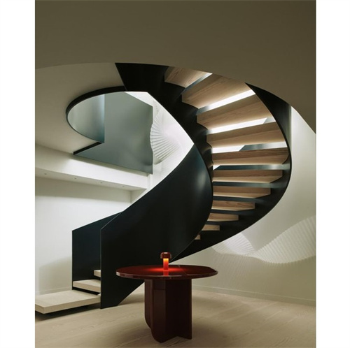 Steel structure double plate beam wooden step curved stairs
