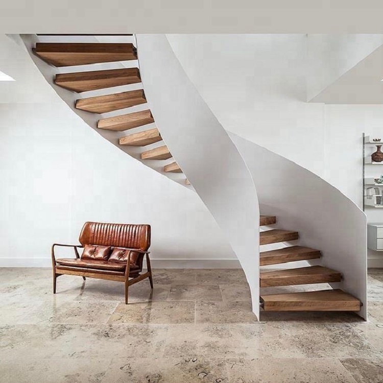 Steel structure double plate beam wooden step curved stairs