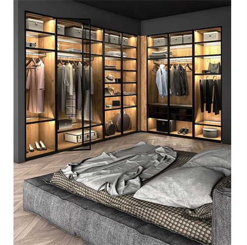 L shape modern wood walk in closet system design
