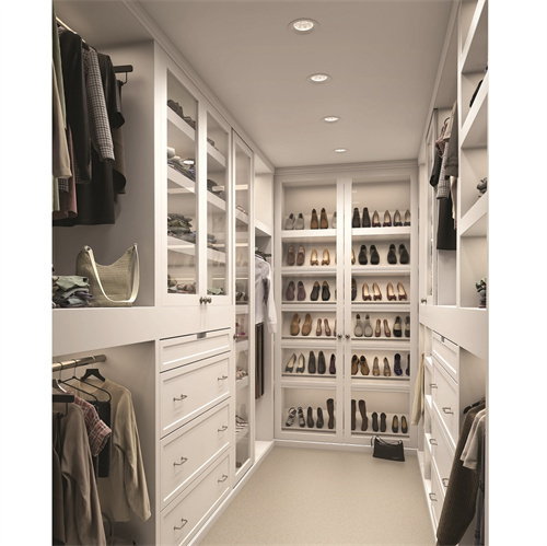 Luxury U shape walk-in closet with dressing table and island