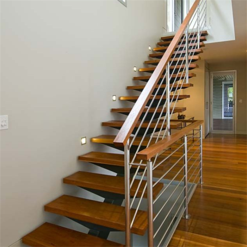 Prefab Glass Railing Center Beam Wood Straight Staircase
