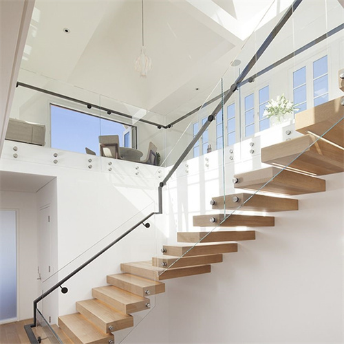 L shape floating stairs wood floating staircase with glass railing
