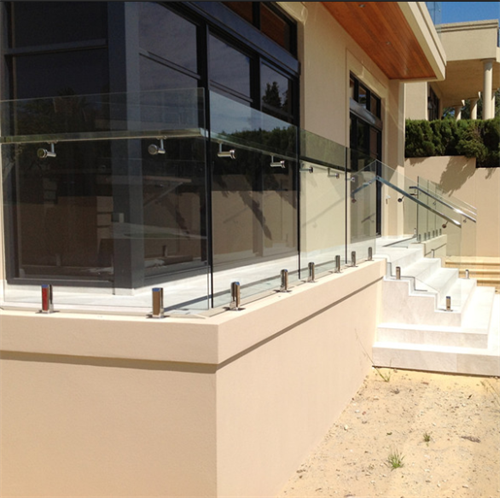 Balcony glass railing spigots glass railing with side mounted handrail