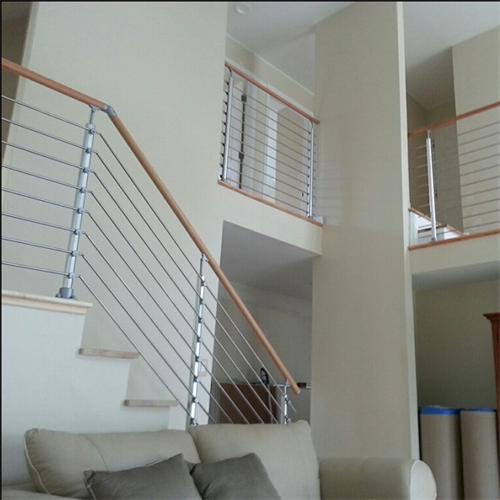 Square post indoor railing with wood handrail stainless steel railing