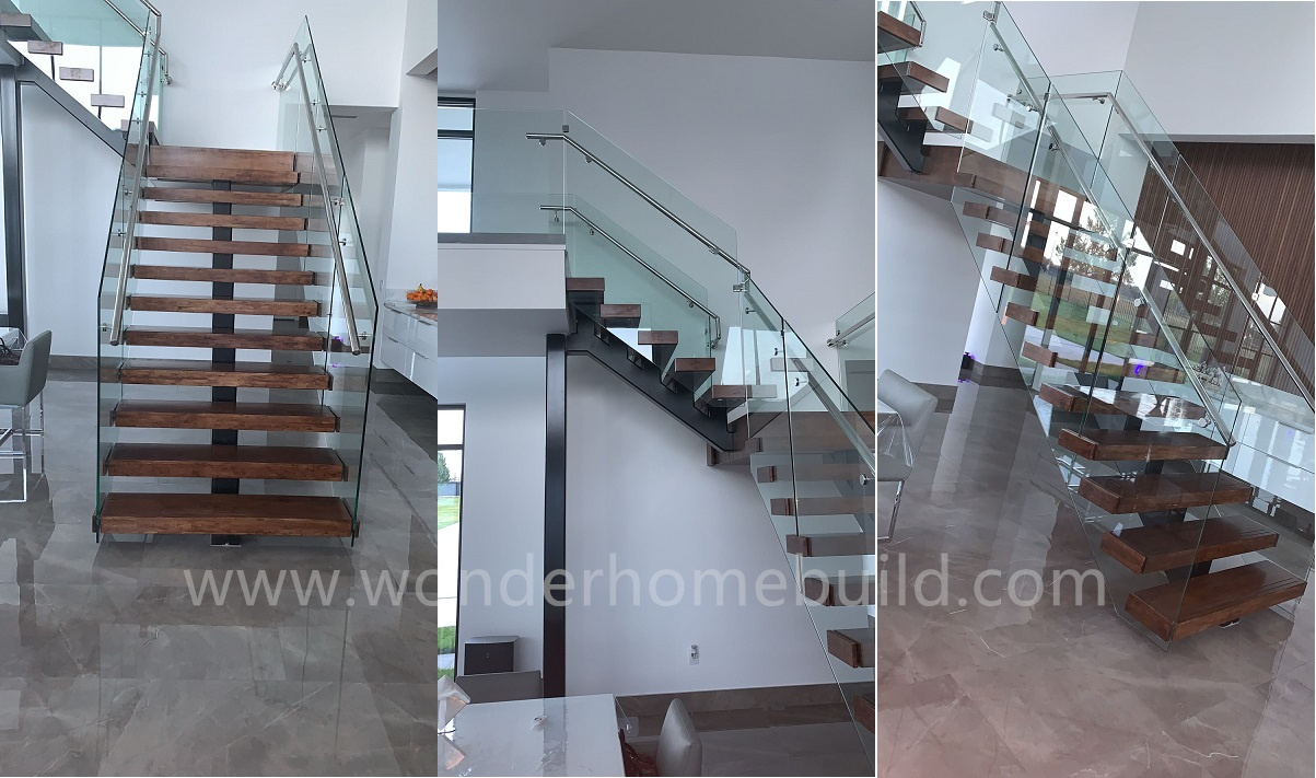 Mono center stringer stairs, steel wood staircase, u channel glass railing