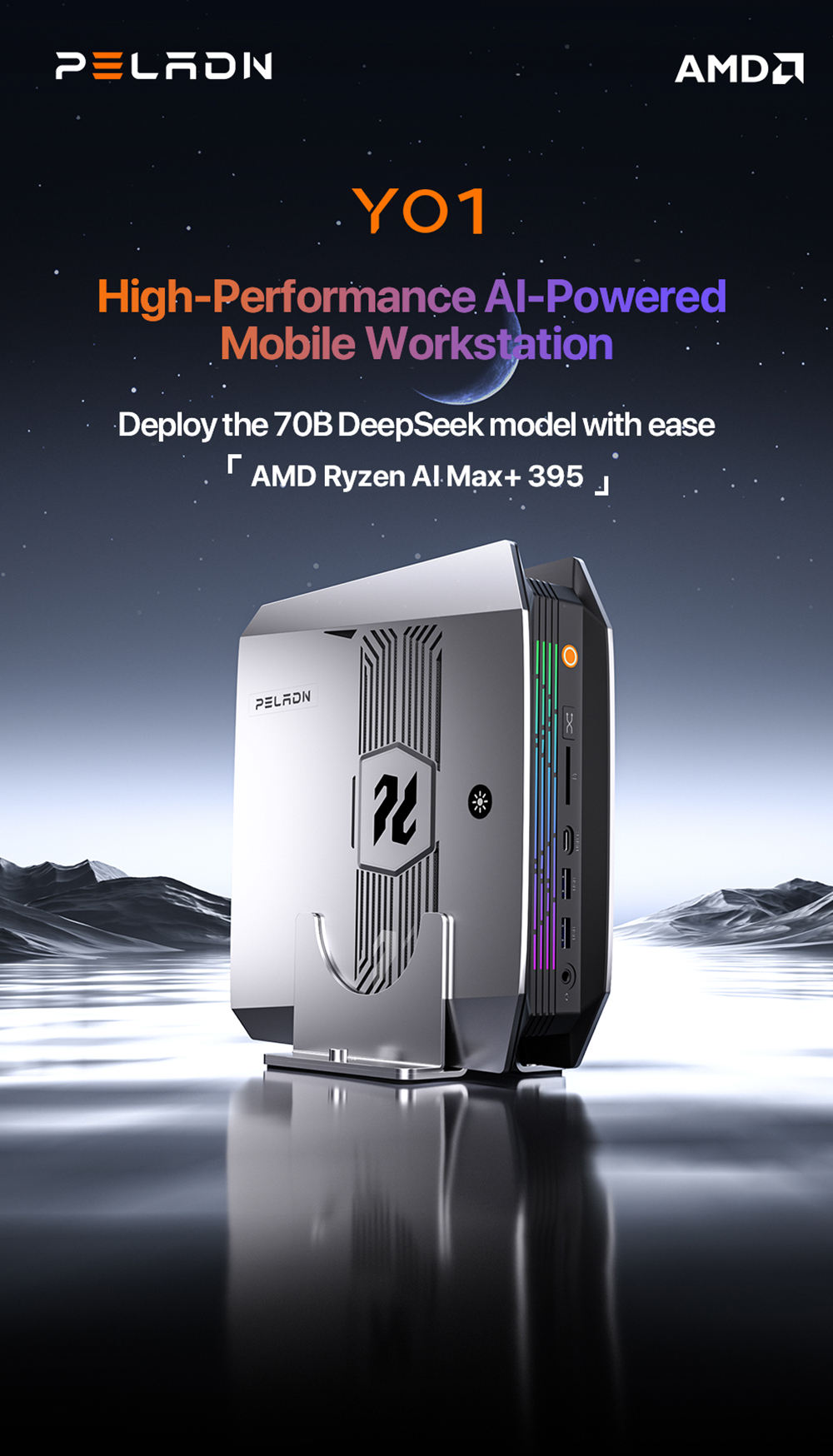 PELADN YO1 395 Mini PC Build-in AMD AI Max+ 395 Processor Up To Overall 126 TOPS, Up To 50 NPU TOPS