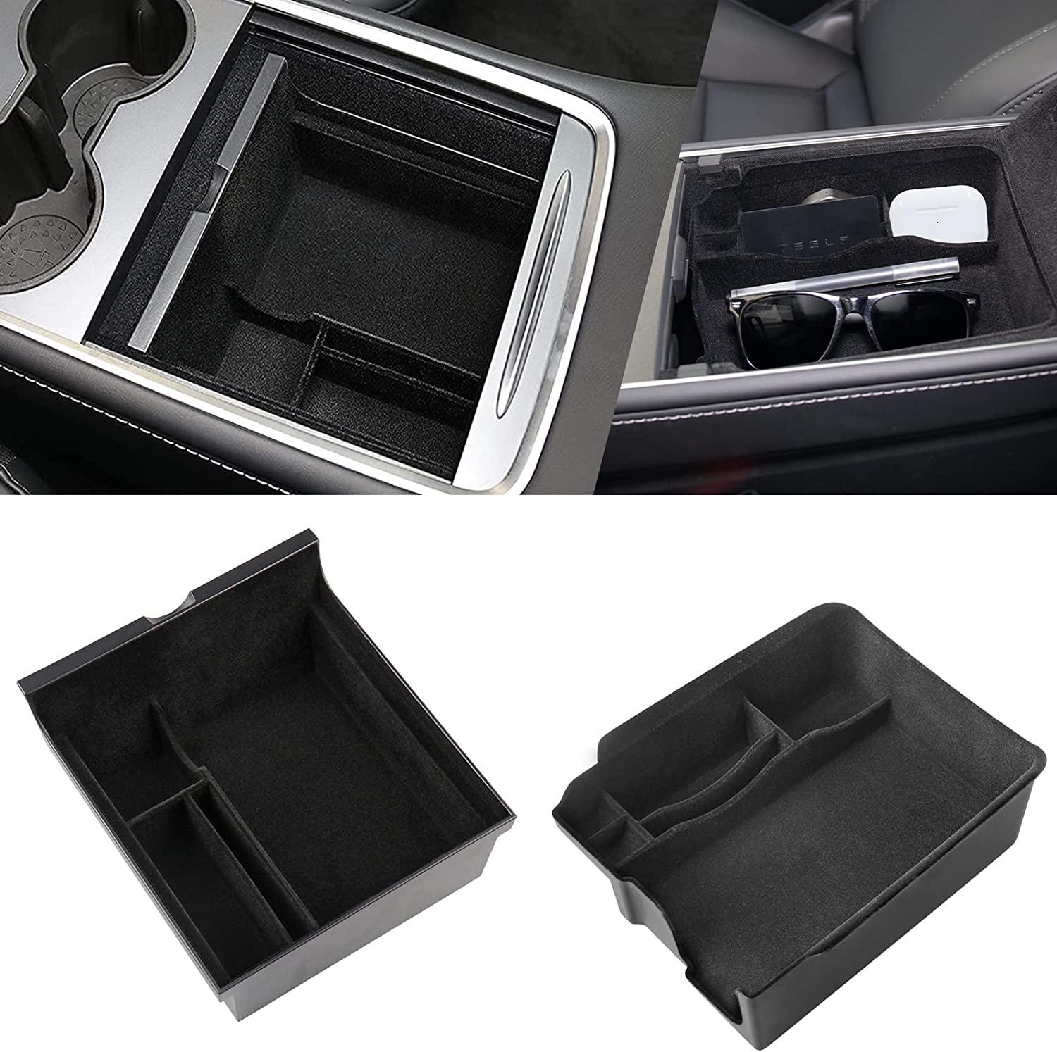 2022 Upgraded Model 3 Model Y Flocked Center Console Organizer Tray ...