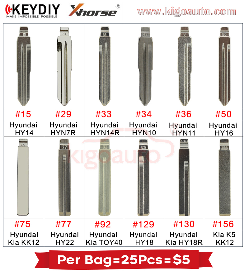 1 bag/25pcs KEYDIY VVDI Universal Flip Key Blade For Hyundai Kia,key blade