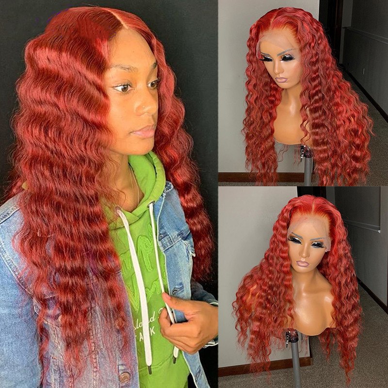Red Deep Wave Wavy Full Lace Human Hair Wig Brazilian Virgin Curly Lace ...