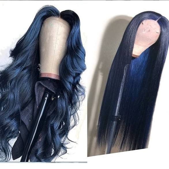 Dark blue Human Virgin Hair Pre Plucked Lace Front Wig For Black Woman ...