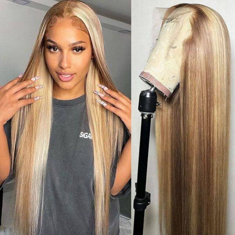 Highlight Human Hair Wigs For Women Straight Lace Front Wig Brown Honey ...