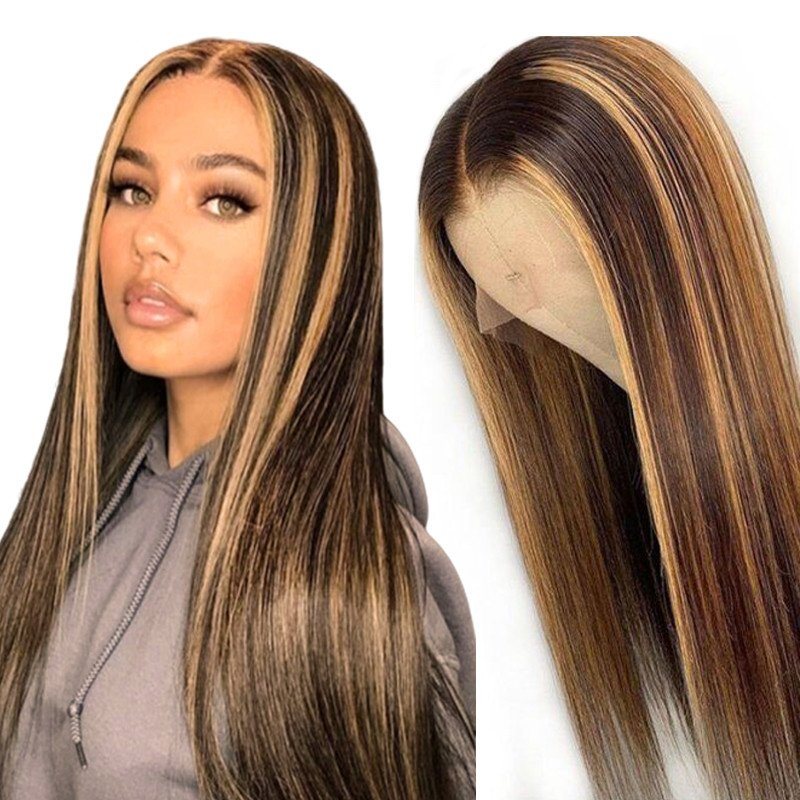 Ombre Highlight Human Hair Wigs For Women Straight Lace Front Wig Brown ...