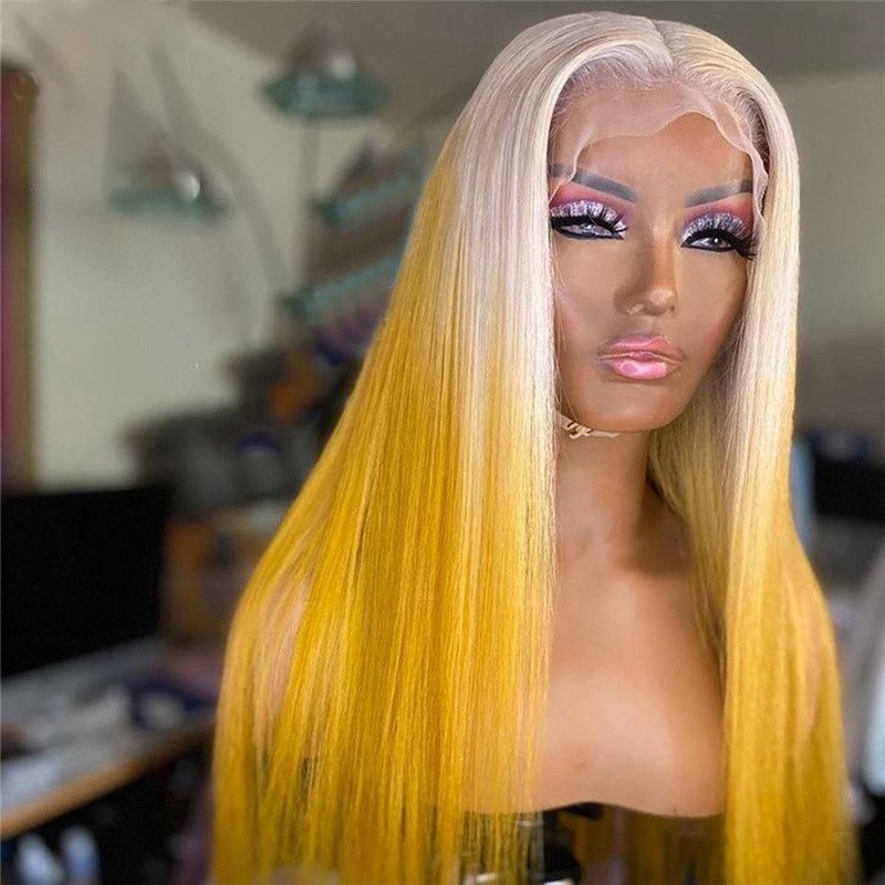 Ombre Yellow Colored Human Hair Wigs For Women Straight Lace Front Wig ...