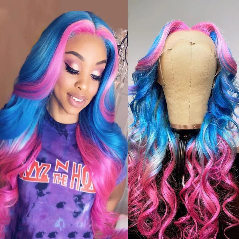 Ombre Pink Blue Colored Human Hair Wigs Brazilian Remy Transparent Lace ...