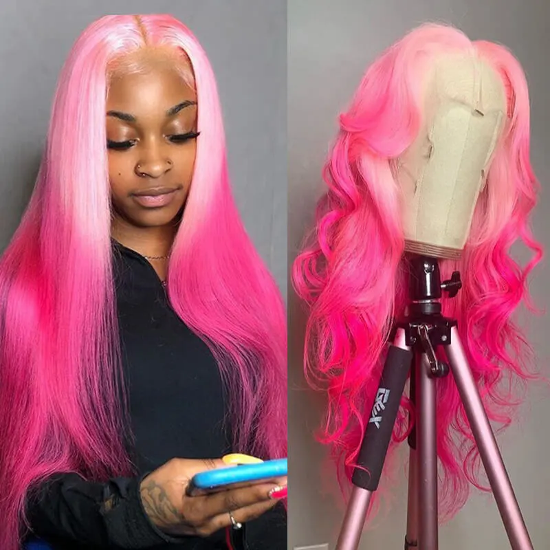 Rose Pink Straight Wig Ombre Blue Human Hair Wig Brazilian Remy Purple ...