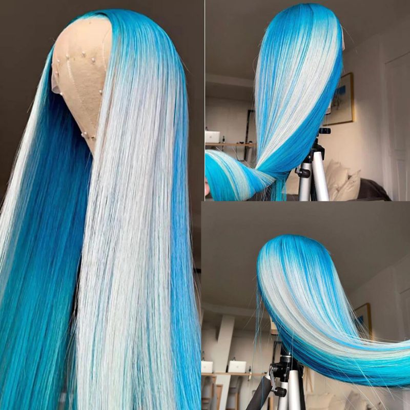 Blue Ombre Wig 100% Real Human Hair White Hair With Blue Highlights ...