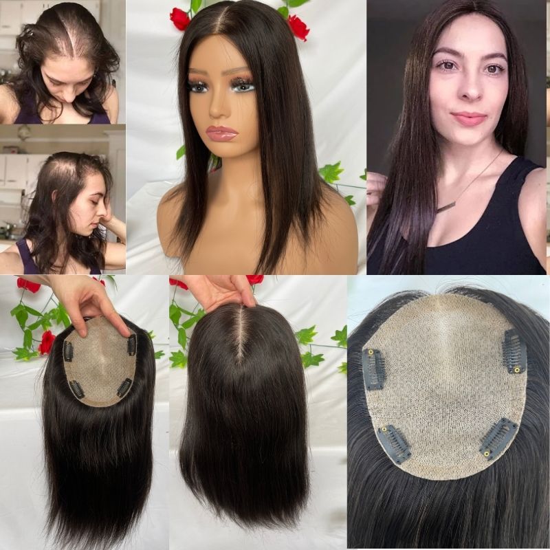 13x15cm Silk Base16inches Length Skin Topper Real Human Hair 4 Clips In ...