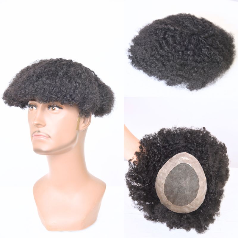 Afro Kinky Curly Human Hair Toupee For Men Black Color 10X8 Inch ...