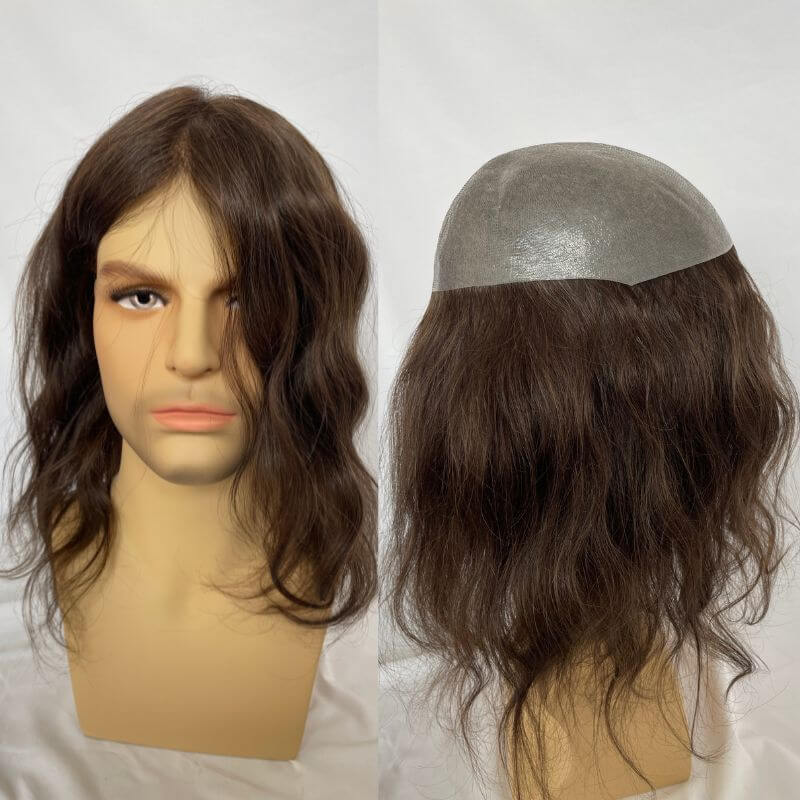 Long Human Hair Wigs Full Skin Pu Base 12 Inch for Men Natural Hairline ...