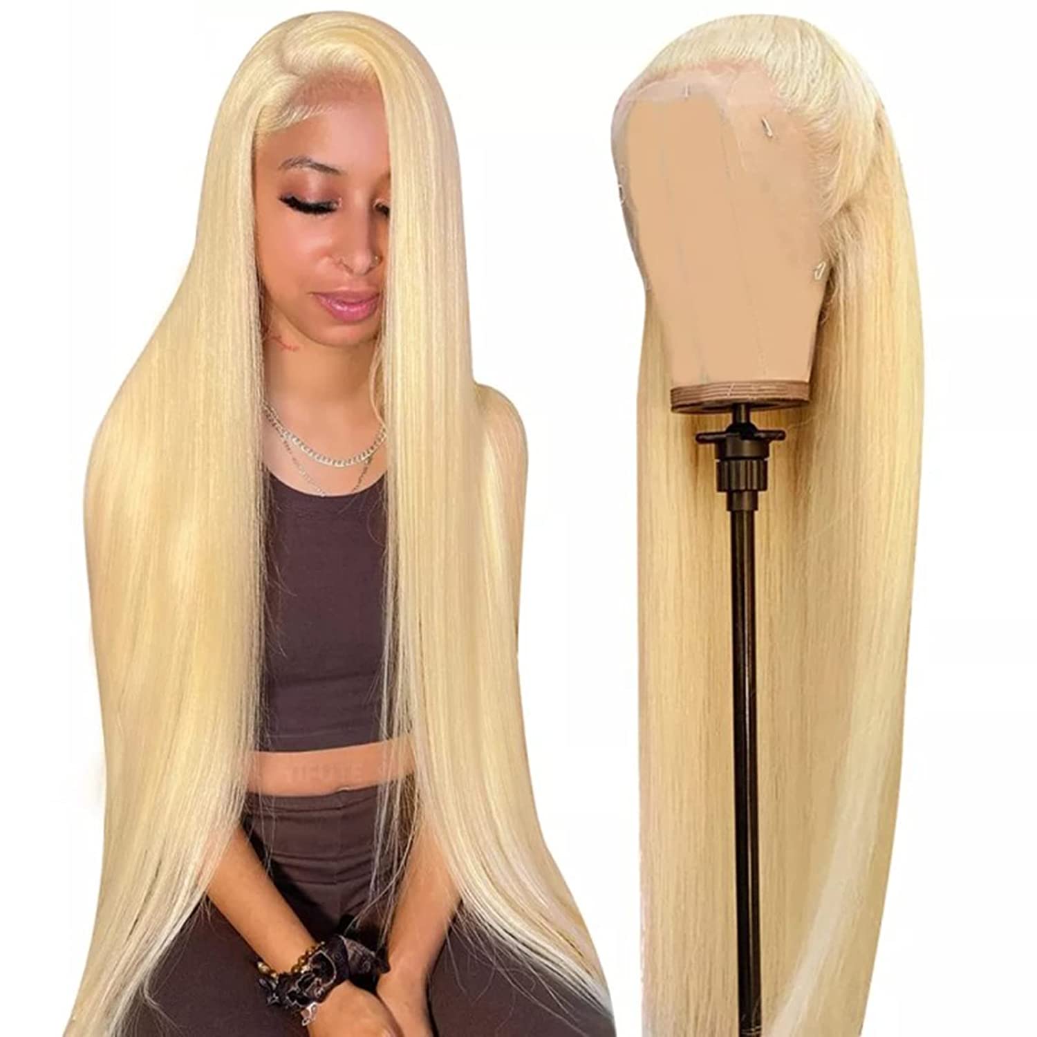 13x6 Lace Wigs 44 Inch Silk Straight Human Hair Lace Frontal Wig Bone ...