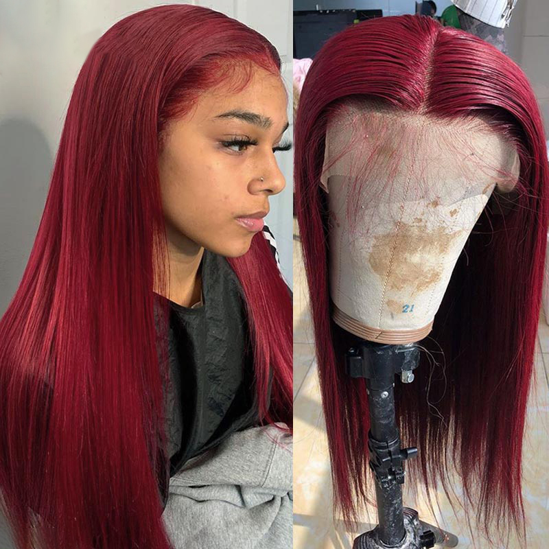Red Wig Human Hair Remy Brazilian Straight Lace Front Wig Pre Plucked ...