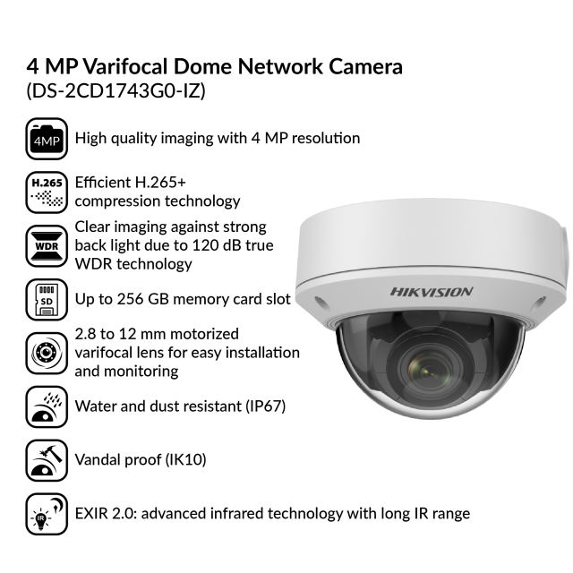 Hik-vision 4MP Varifocal Dome Network Camera DS-2CD1743G0-IZ