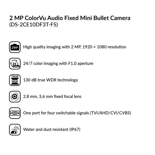 2 MP ColorVu Audio Fixed Mini Bullet Camera | DS-2CE10DF3T-FS