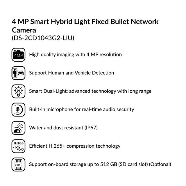 4 MP Smart Hybrid Light Fixed Bullet Network Camera | DS-2CD1043G2-LIU