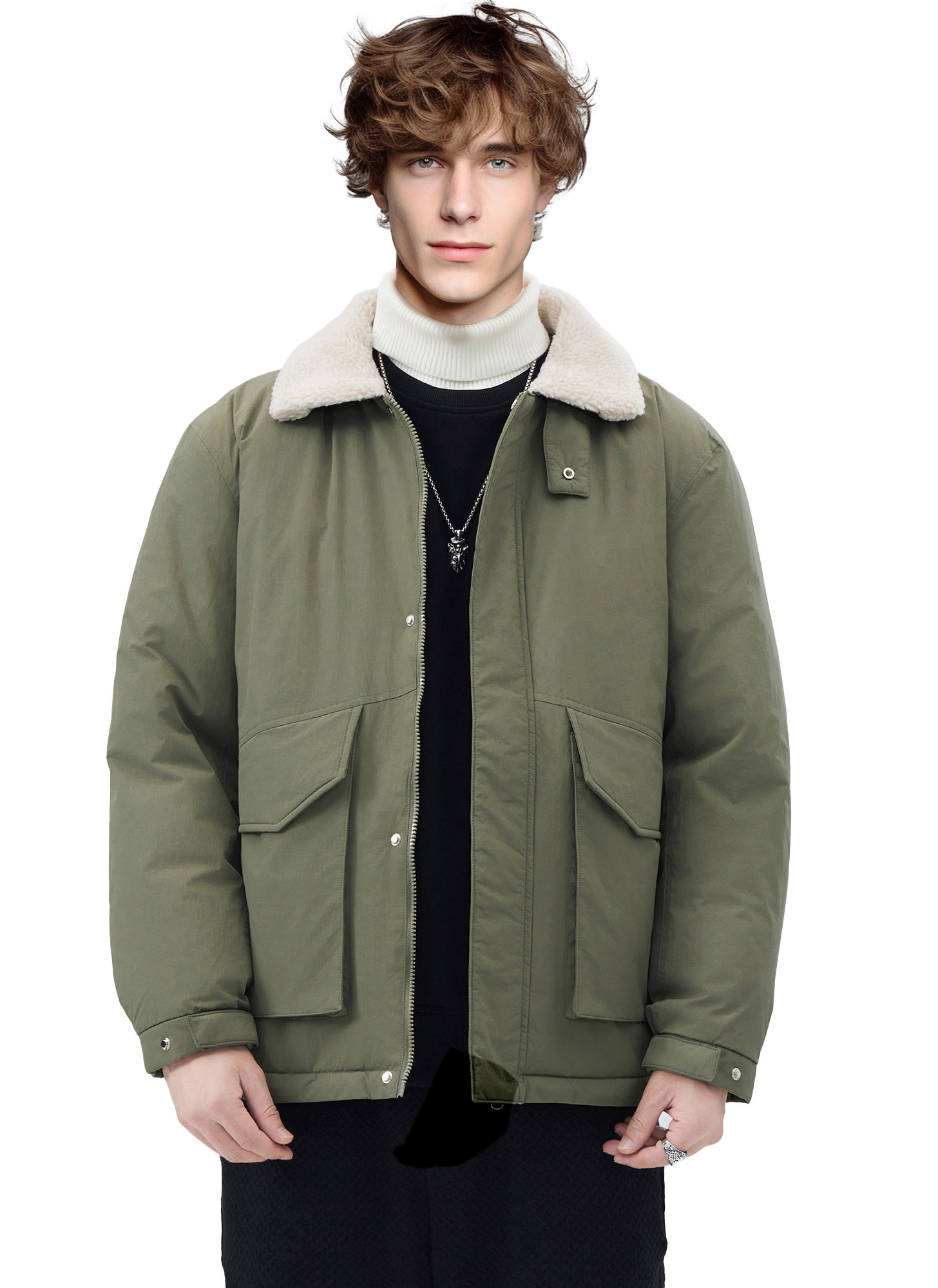 Men Puffer Down Jacket with SherpaTurn-down Collar Army Green
