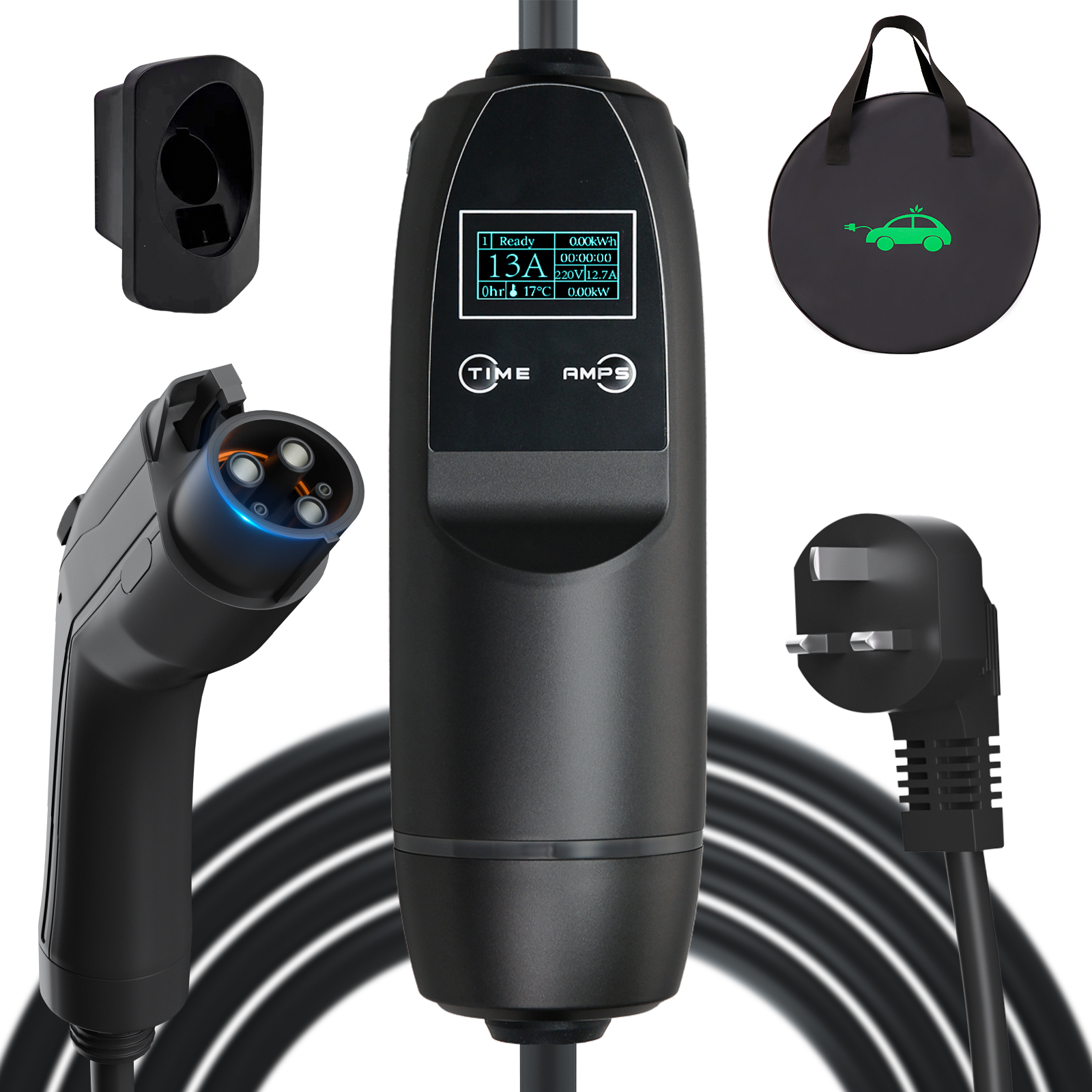 Portable Type 1 EV Charger with UK 3-Pin Plug, 5M/16.5ft, 6-13A ...