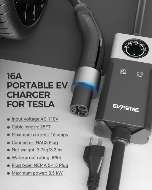 Portable Charger for Tesla 25ft Cable 110V 16A