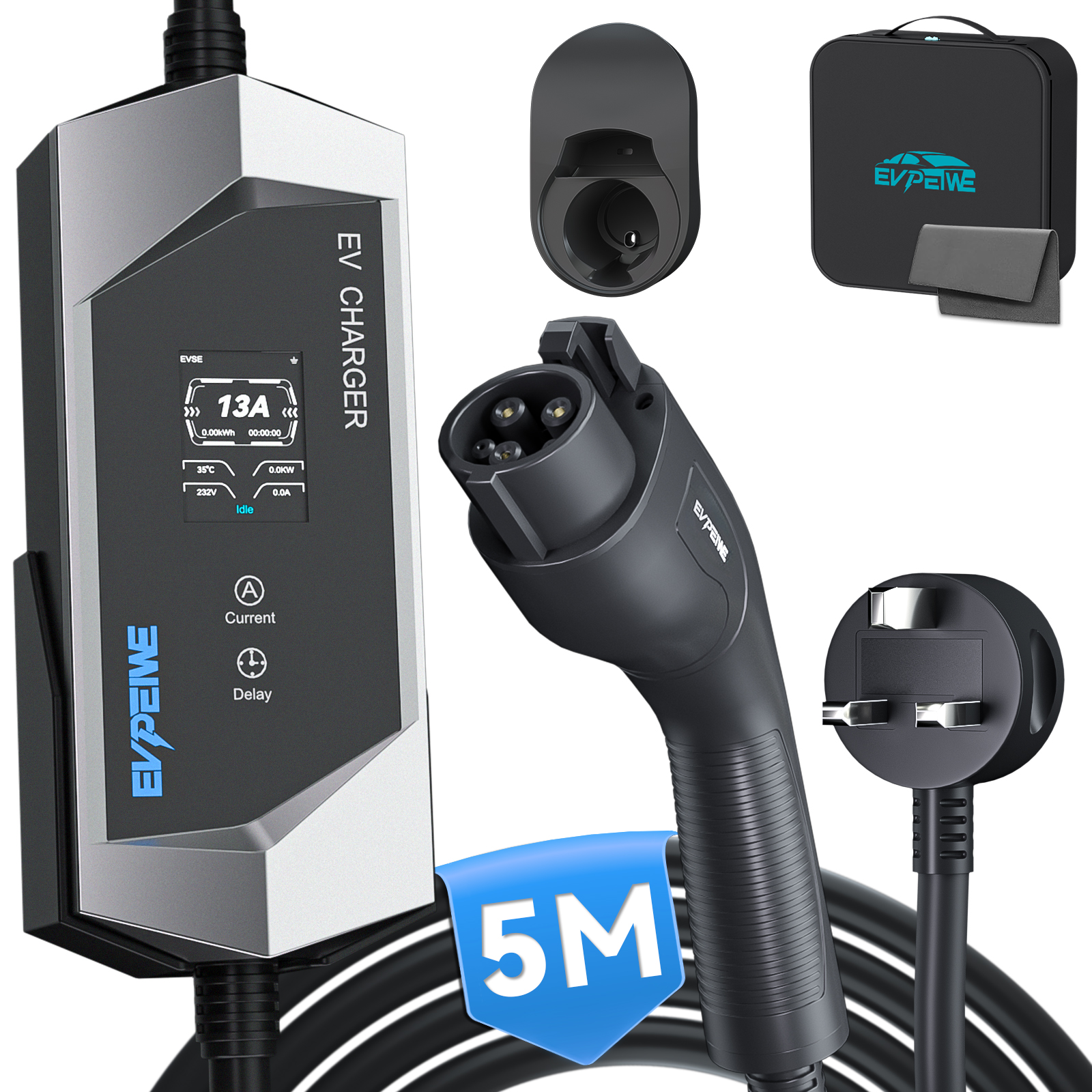 Type 1 Portable EV Charger With UK 3-Pin Plug, 5M/16.5ft, 6-13A ...