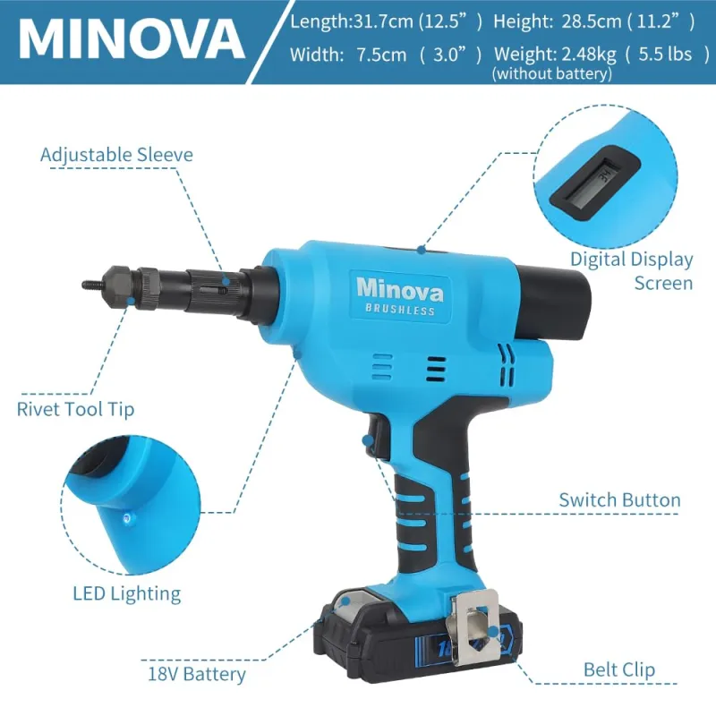 MINOVA KD-04X Electric Brushless Rivet Nut Gun Set with Case (Cordless Metric)
