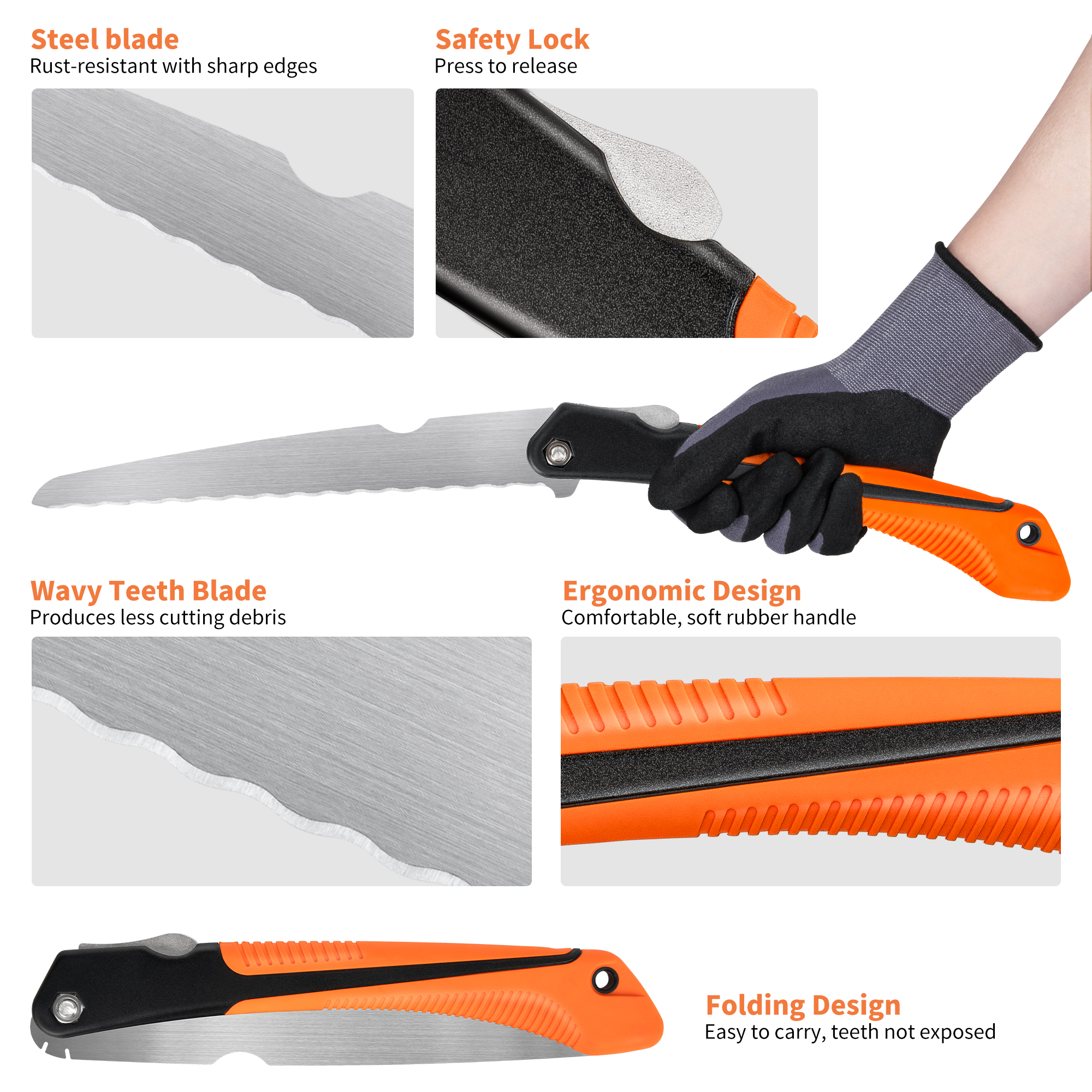 Folding Insulation Hand Saw, 10 Inch Steel Blade Wavy Teeth Serrated ...