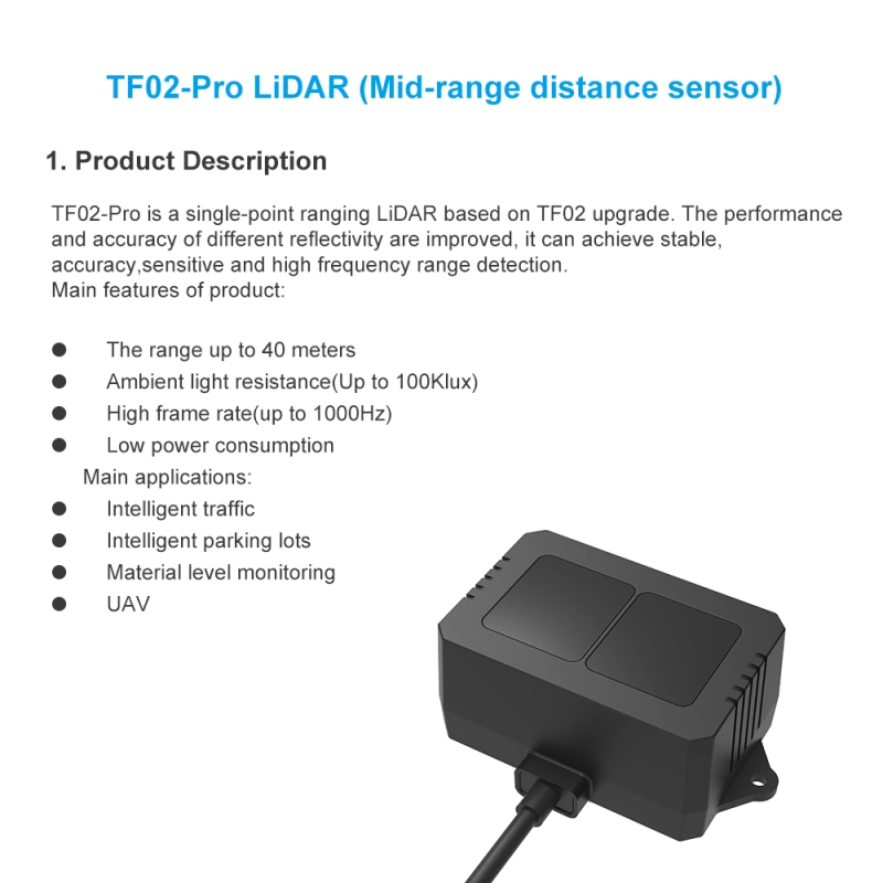 Benewake TF02-Pro - 40 Meters, UART/I2C, IP65, 1000Hz, TOF, Single Point, Indoor/Outdoor/Robot ...