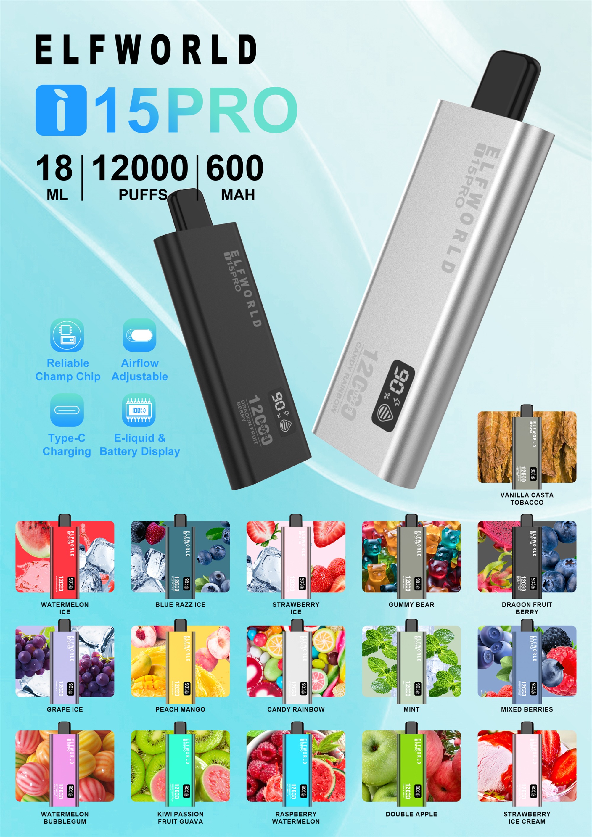 ELFWORLD I15 PRO 12000 RECHARGEABLE DISPOSABLE VAPE POD DEVICE WITH ...