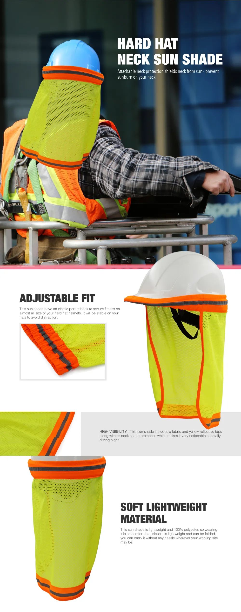 Hard Hat Neck Sun Shade Reflective Stripe High Visibility and Elastic ...