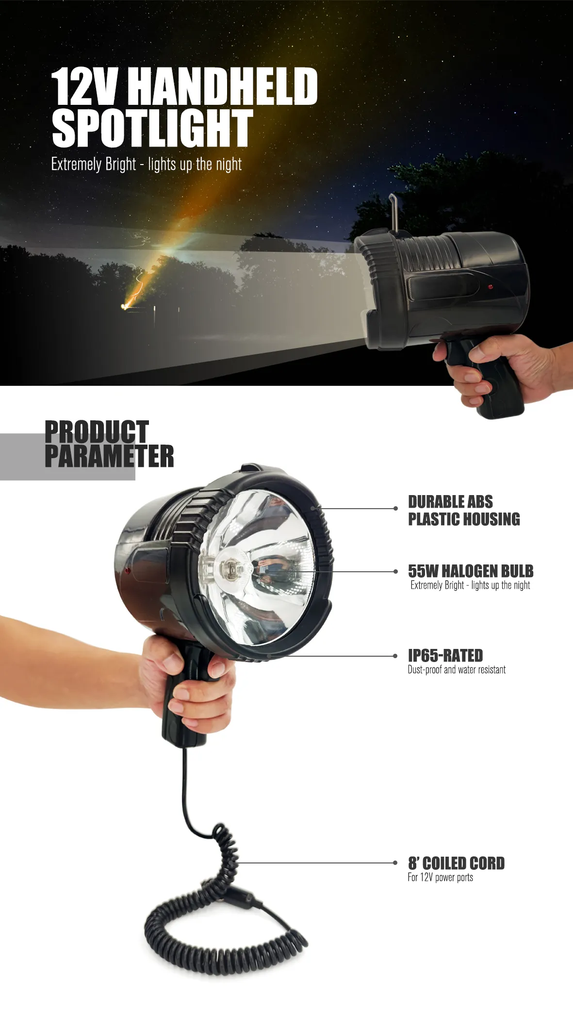 DC 12 Volt Handheld Corded Halogen Spotlight for Boat, Car and Truck ...